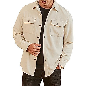 JMIERR Mens Corduroy Casual Button Down Shirts Long Sleeve Jackets Slim Fit Jacket with Flap Pockets, US 43(L), A Apricot