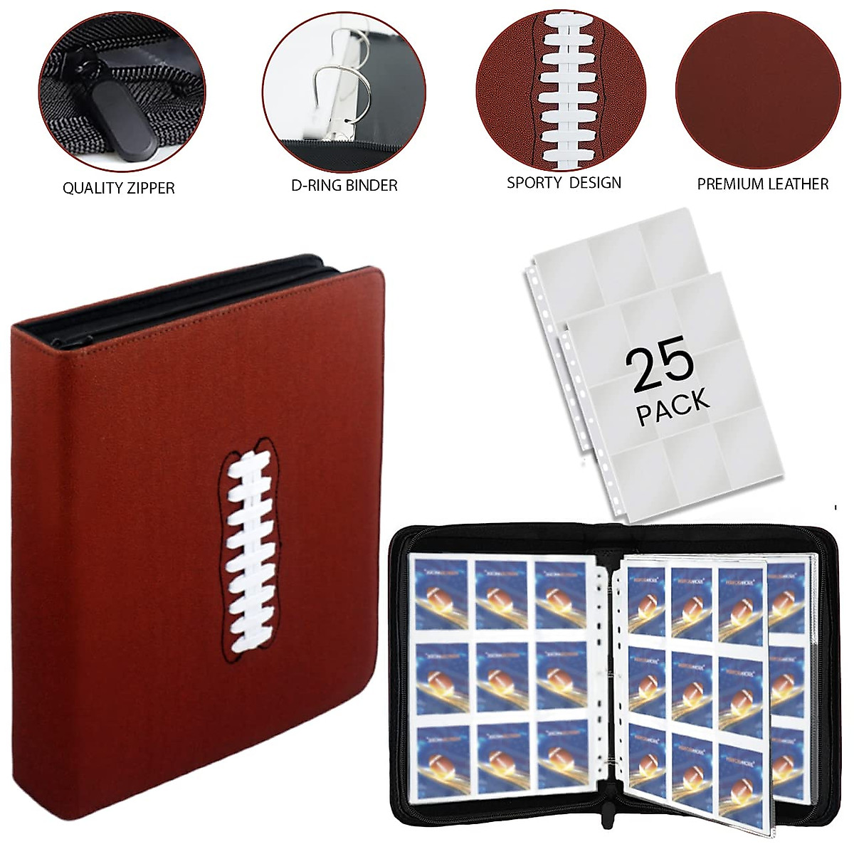 Performore Football Card Binder 9-Pockets Fits 450 Pockets, The Ultimate Football Zippered Ring Binder Card Holder Includes 25pages for sports trading cards. Organize and protect your cards like a pro
