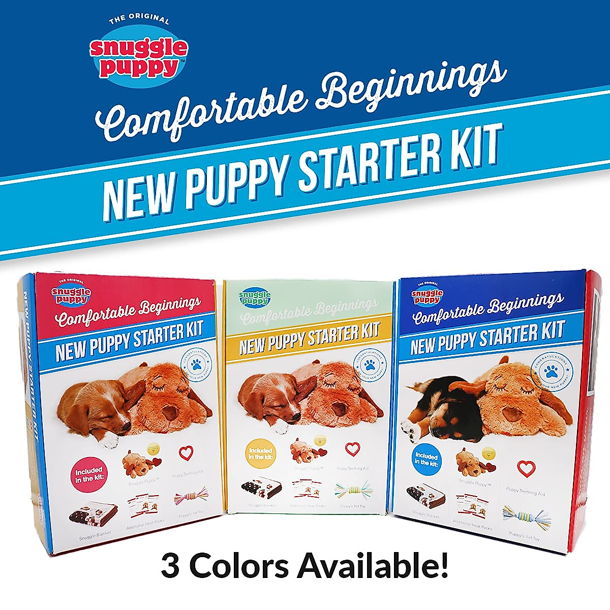 Original Snuggle Puppy Starter Kit with Snuggle Puppy Included. Starter Kit for Anxiety Relief and Calming Aid. Biscuit Coloured Puppy Included and Blue Toy.