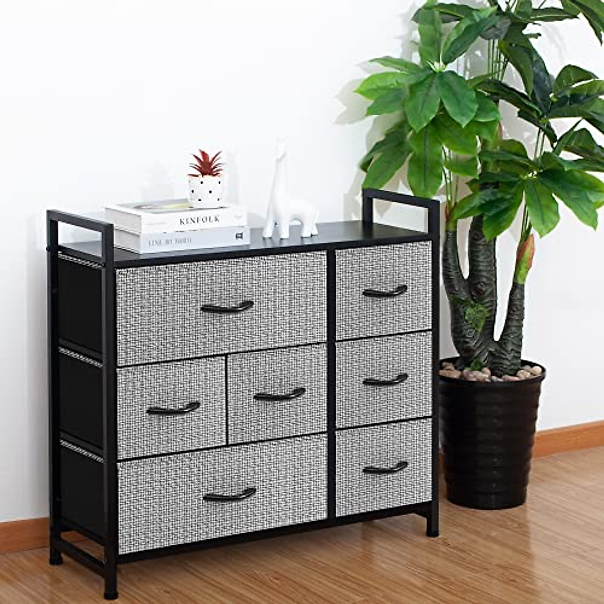 AZL1 Life Concept 7-Drawer Dresser, 3-Tier Storage Organizer, Tower Unit for Bedroom/Hallway/Entryway/Closets-Sturdy Steel Frame, Wooden Top, Removable Fabric Bins, Black and White
