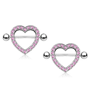 Pierced Owl 14GA Stainless Steel Gem Paved Heart Nipple Shields, Sold as a Pair (Pink)