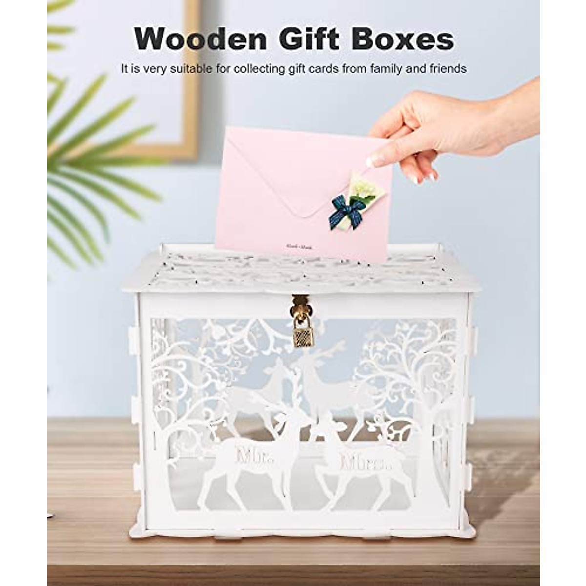 BestYiJo Wedding Card Box With Locks, Large Vintage Diy Gift Box For Wedding Reception Anniversary Baby Gift, Money Box, 11.8 X 9.5 X 8.9 (White)