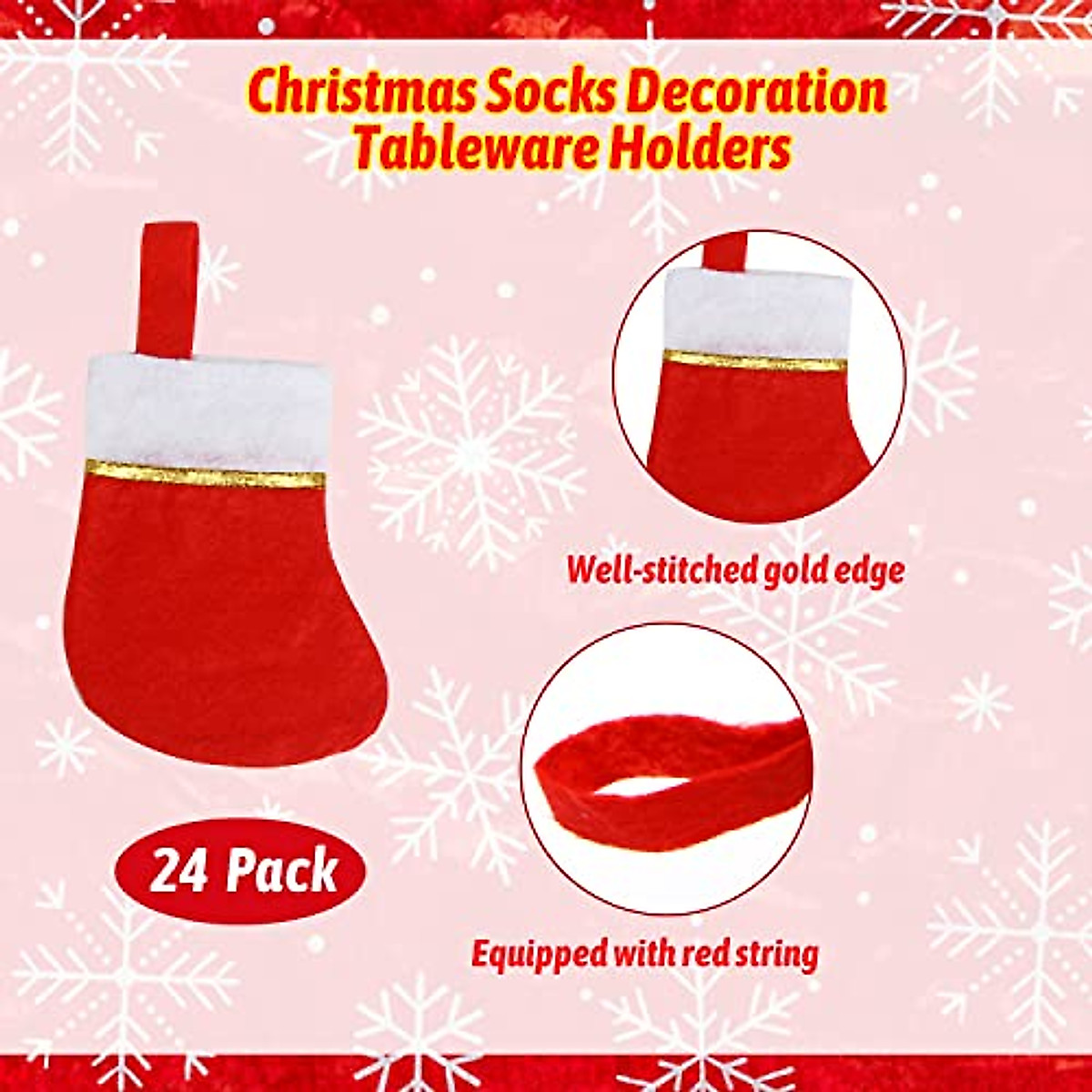 CCINEE 24PCS Christmas Socks Decoration Tableware Holders Red Felt Christmas Stockings with Golden Trim Spoon Knife Fork Bags Candy Pouch Bags Mini Stockings for Silverware Xmas Party Dinner Decor