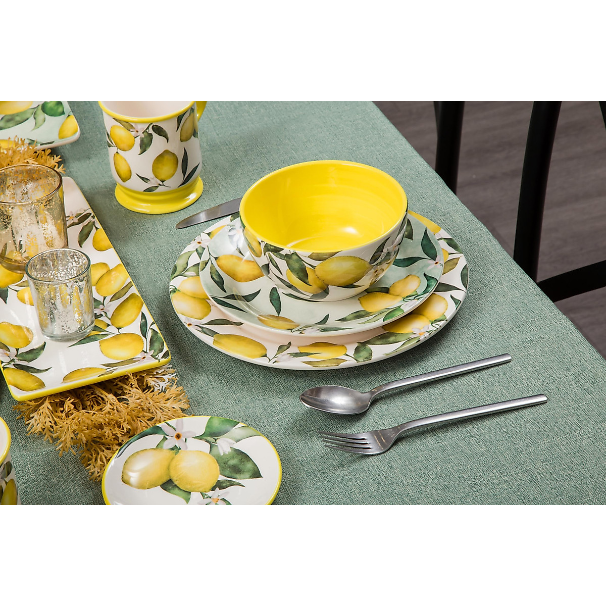 Bico Lemon Dreams 11 inch Dinner Plates, Set of 4, for Pasta, Salad, Maincourse, Microwave & Dishwasher Safe