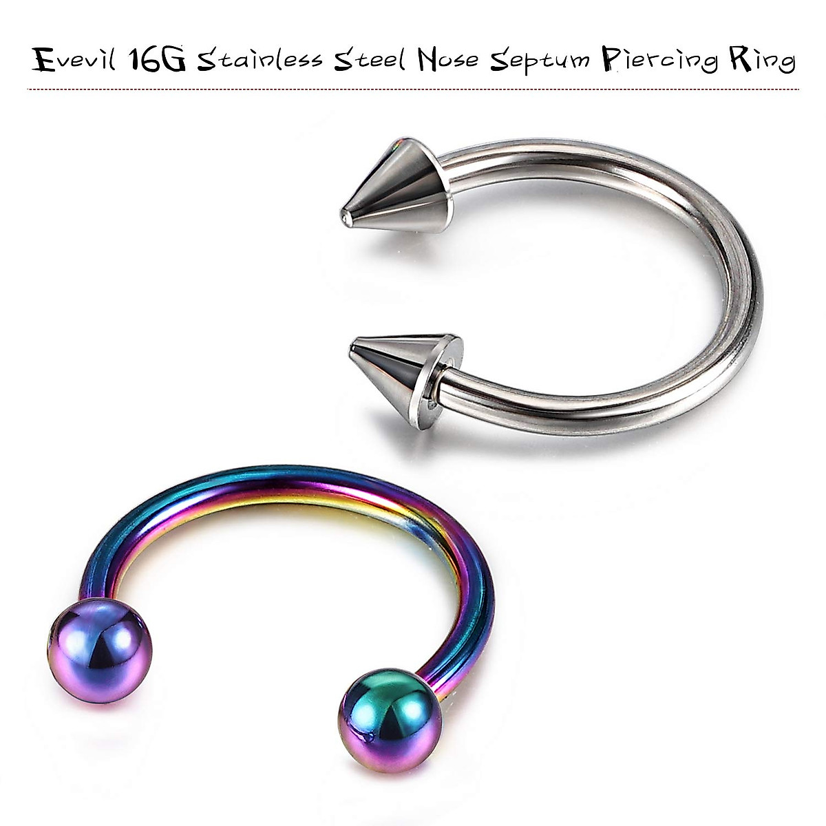 Evevil 14G 16G Septum Jewelry Surgical Steel Small Septum Ring for Women Men Nose Nostril Rings Lip Labret Cartilage Body Piercing (16G,10pcs,8mm,ball&spike)