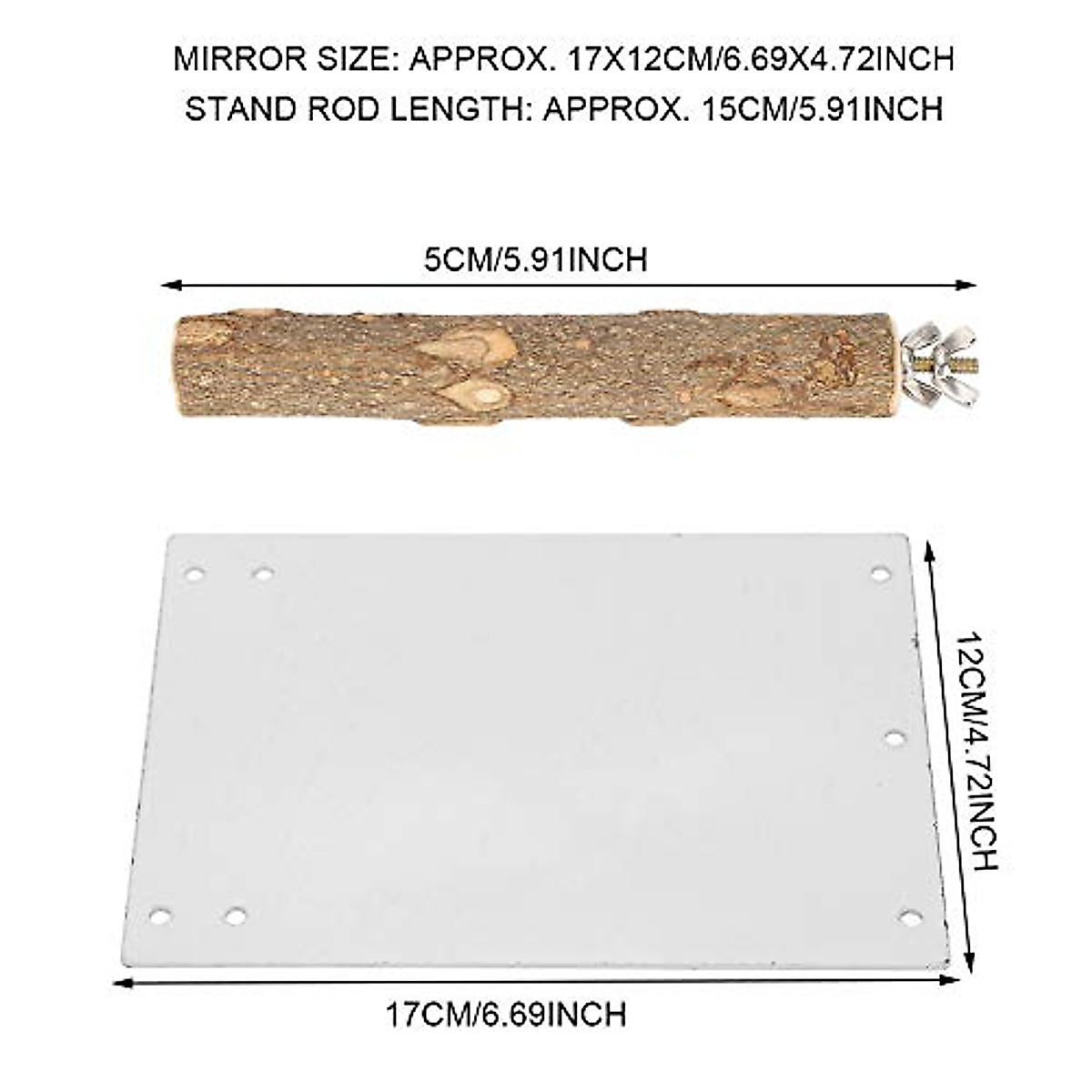 Bird Mirror, Stainless Steel Medium Small Parrots Mirror Bird Mirror Toy with Wooden Standing Rod for Parrot Parakeet Cockatiels