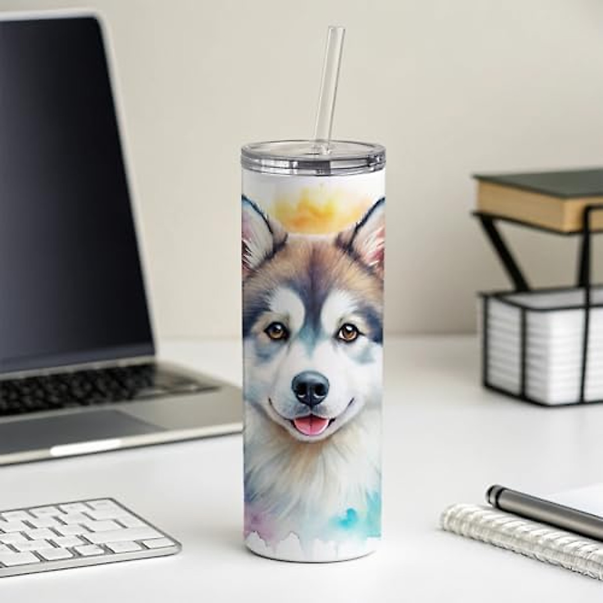 Pomsky Dog Watercolor Style Skinny Tumbler 20oz with Straw Insulated Water Bottle Gift