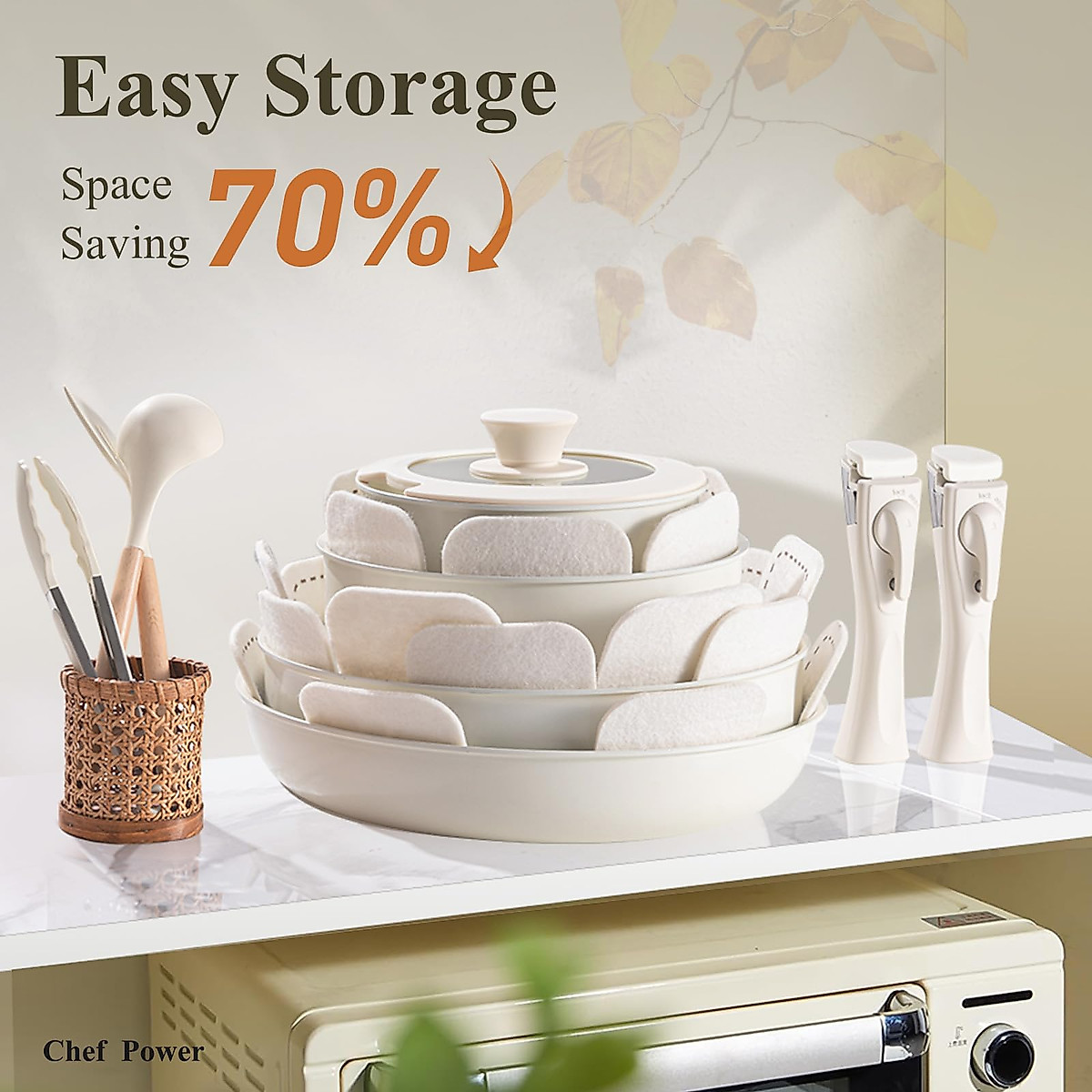 Chef Power Ceramic Cookware Set with Detachable Handles, Healthy Nonstick Pans and Pots Set 19 Pcs, Induction Dishwasher Oven Safe Kitchen Set, PFAS PFOA & PTFE Free, Cream White