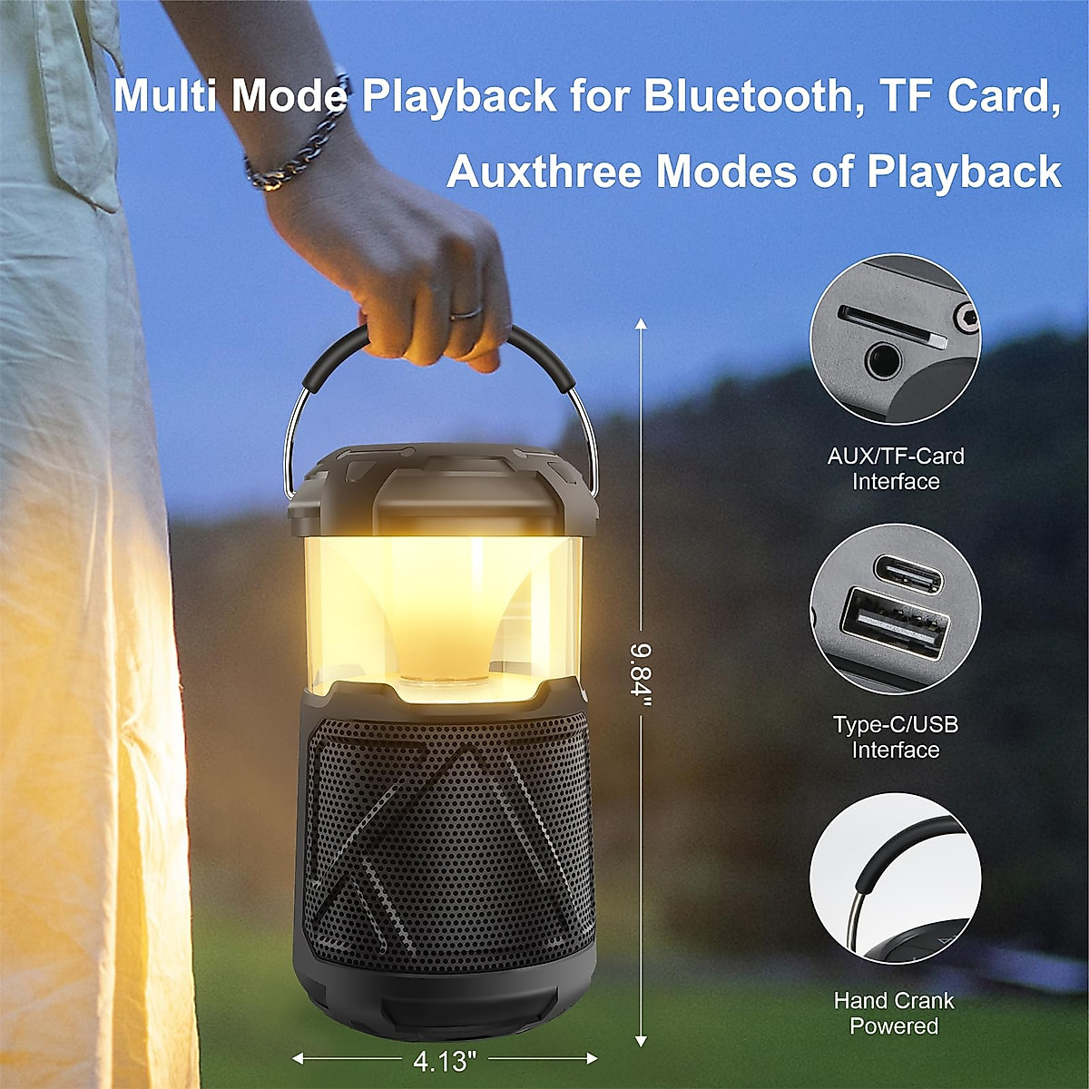 RIDALUX Portable Bluetooth Speakers LED Atmosphere Camping Lantern Outdoor, IPX6 Waterproof Wireless Speaker with LED Lights for Patio, Yard, Party, Hiking, Gift for Men Women Fathers