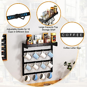 ZDDLOINP Aluminum Alloy Coffee Mug Holder Wall Mounted with 12 Movable Hooks, Coffee Cup Holder with Top Shelf for Coffee Beans, Sugar Jar, Mug Rack for Home Kitchen Display and Collection