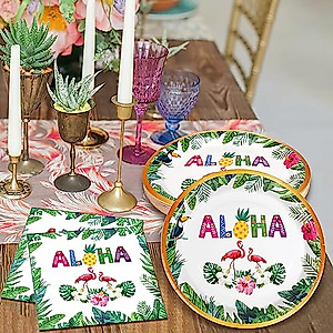 MEZOOM 75pcs ALOHA Tableware Set Tropical Luau Napkin Flamingo Paper Plate(7 & 9 In) Hawaiian Disposable Dinnerware Set with Hibiscus Flower & Palm Leaf for Summer Beach Themed Party Serves 25 Guests