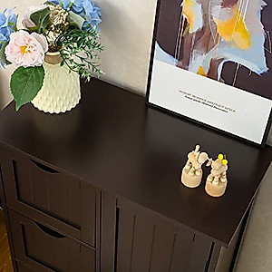 Iwell Bathroom Floor Cabinet, Linen Storage Cabinet with Glass Doors, Bathroom Cabinet with Adjustable Shelves for Bathroom, Living Room, Home Office, Brown