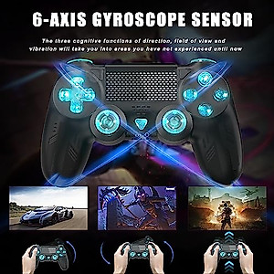 LENISUOLE 2 Pcak LED Wireless Controller for PS-4 Slim/Pro/PC - 6-Axis Gyroscope, Remote Gampad Controller with Turbo Function/Dual Vibration/Audio Jack/Touch Pad - Black(LED Light)