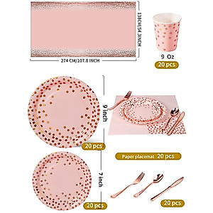 Nkaiso 141 Pieces Pink and Rose Gold Party Supplies, Party Dinnerware Sets Include Paper Plates Napkins Cups Silverware, for Wedding Bridal Shower Engagement Birthday Parties Decoration -20 Serves