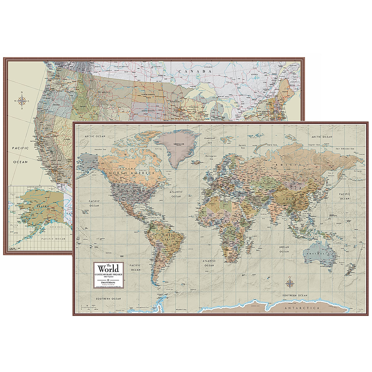 Swiftmaps World and USA Contemporary Premier 3D Two Wall Map Set (24x36 Laminated)