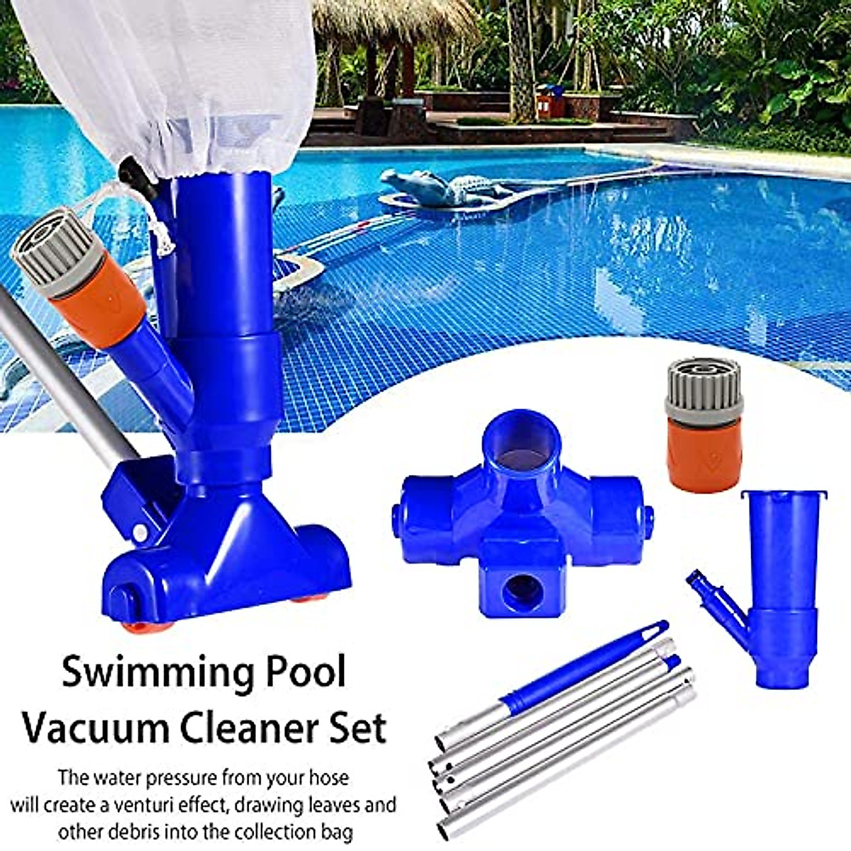 Pool Cleaner Portable Swimming Pool Fountain Vacuum Brush Cleaner Cleaning Tool with 5 Section Pole can be Attached to Garden Hose Underwater Cleaner for Above Spa Pool Ground Tub Pond Fountain