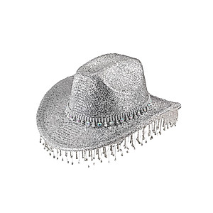QWINEE Cowboy Hat for Adult Wide Brim Solid Color Western Cowboy Hat with Fringed Rhinestone Novelty Funny Party Cowgirl Hat Silver one-Size