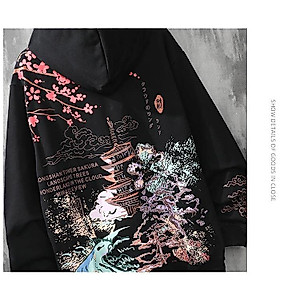 Women Men Aesthetic Japanese Sakura Hoodie, Y2K Anime Harajuku Cloth Korean Hooded Long Sleeve Sweatshirt for Winter Fall (Black,XL,X-Large)