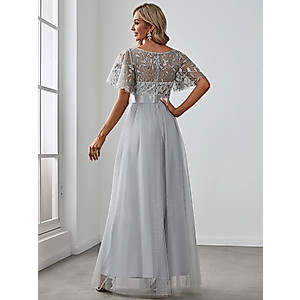 Ever-Pretty Women's Formal Dresses Crew Neck Sequin Ruffle Sleeve Empire Waist Beaded Long Evening Dresses Grey US16