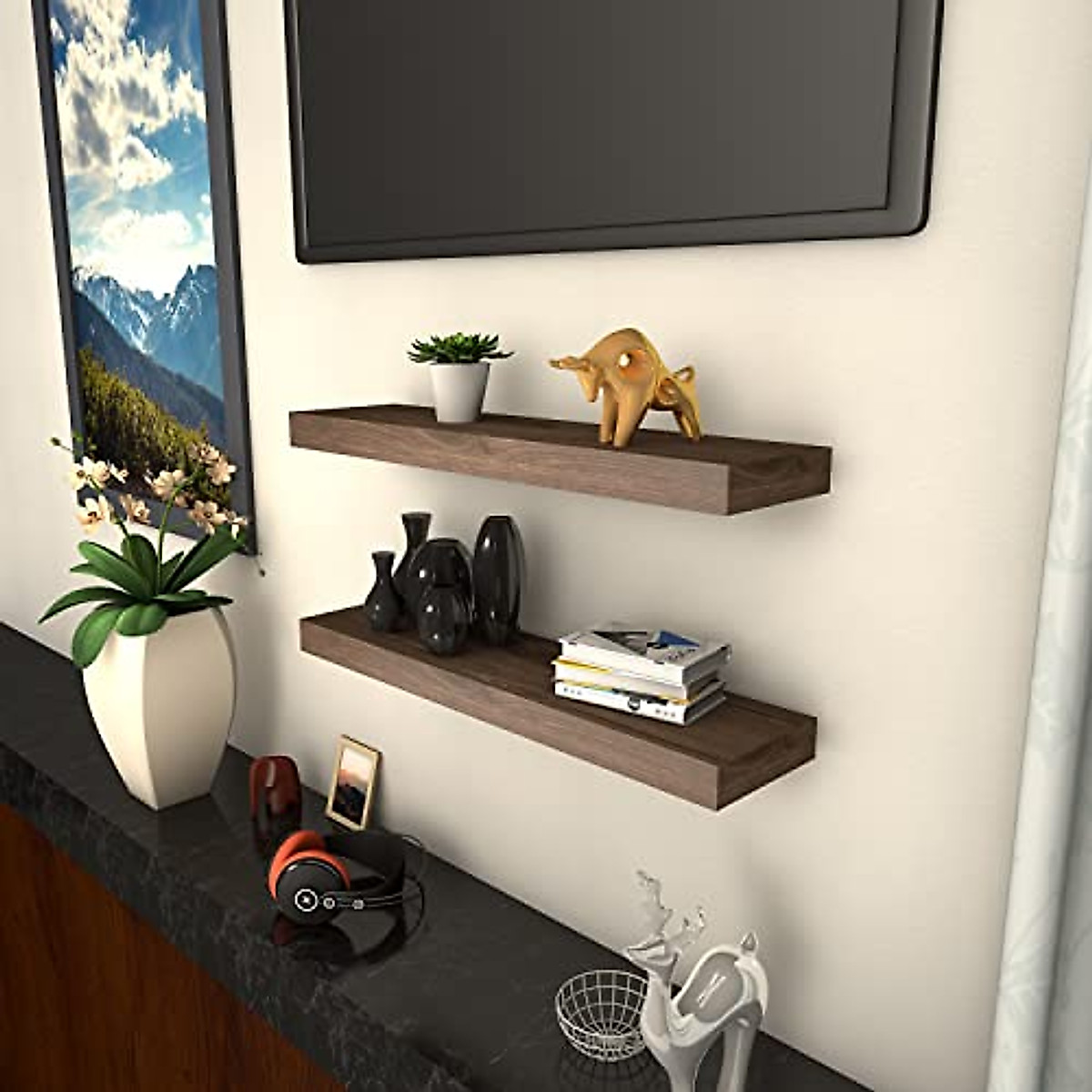 FALANZATH Floating Shelves Wall Mounted Set of 2, Rustic Wood Wall Storage Shelves for Bedroom, Living Room, Bathroom, Kitchen, Office (36 inch, Carbonized Black)