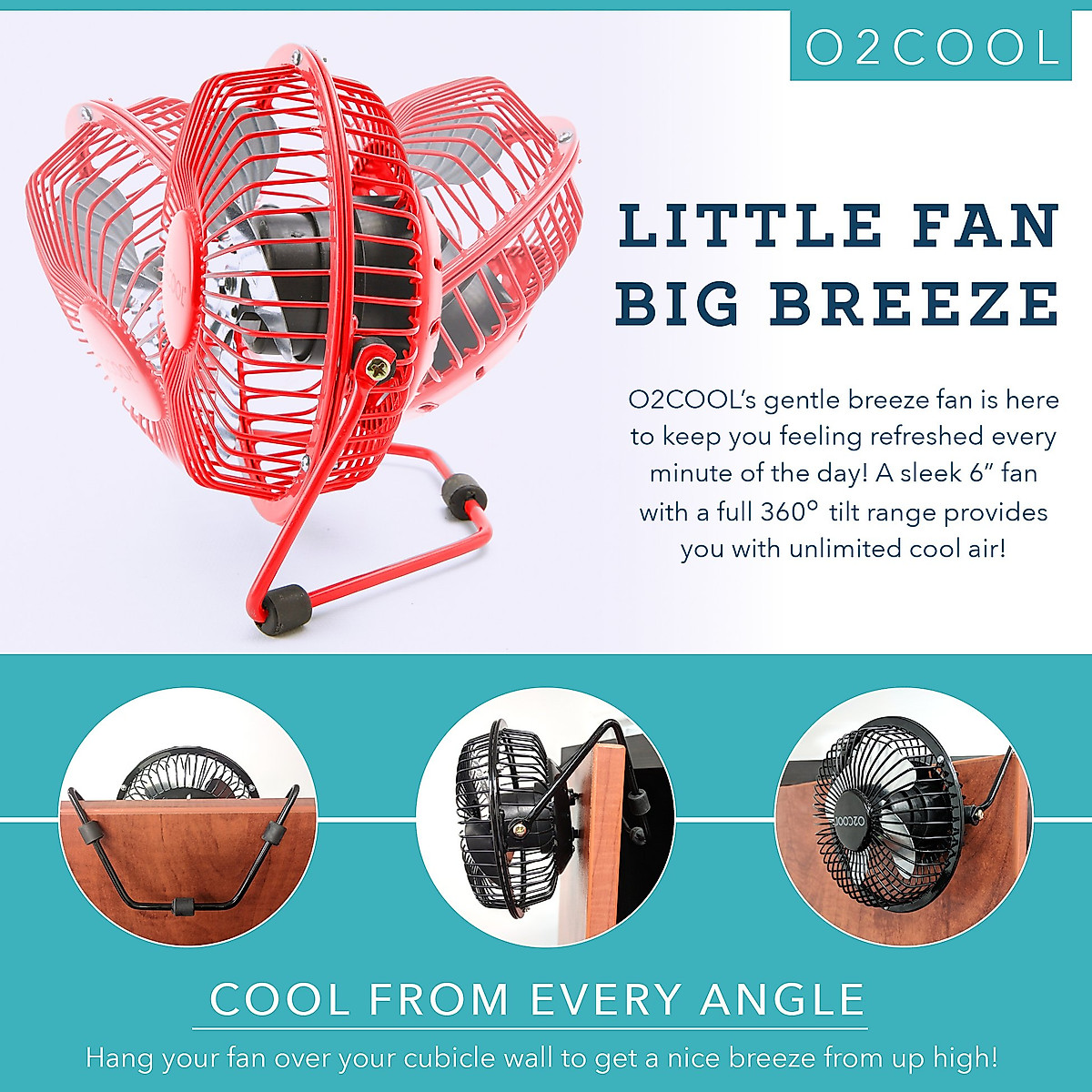 O2COOL 4" USB Personal Desk Fan – Portable Mini Table Cooling Fan - Plugs into Computer - Adjustable 360° Tilt, Quiet, Rubber Grip Feet - Red