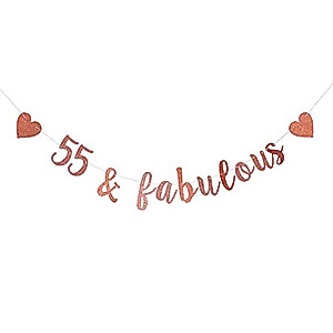 55 & Fabulous Banner, Happy 55th Birthday Bunting Sign, Hello 55/Cheer to 55 Years Birthday/Anniversary Party Decoration Supplies, Rose Gold Glitter