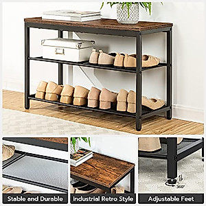 HOOBRO Shoe Bench, 3-Tier Shoe Rack, Industrial Shoe Organizer Storage Bench, 29.5 inches Entry Bench with Mesh Shelves, for Entryway, Living Room, Hallway, Easy Assembly, Rustic Brown BF75HX01