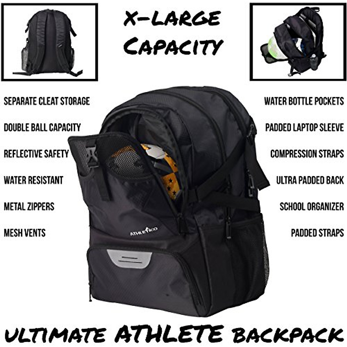 Athletico National Soccer Bag - Backpack for Soccer, Basketball & Football Includes Separate Cleat and Ball Holder (Black)