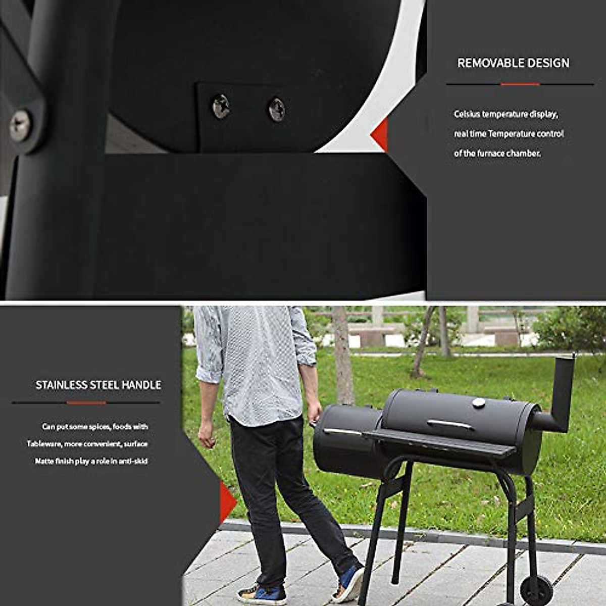 RJMOLU Outdoor 2-in-1 BBQ Grill - Charcoal Barbecue Grill with Offset Smoker, Meat Smoker w/Temperature Gauge for Home, Backyard, Garden, Terrace, Camping,A