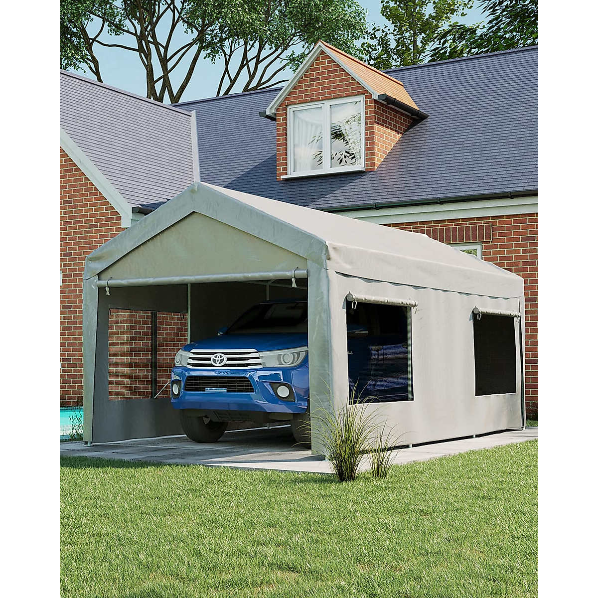 Quictent 13'X20' Heavy Duty Carport Car Canopy Galvanized Car Port Garage Outdoor Carport Canopy Boat Shelter with Reinforced Ground Bars-White