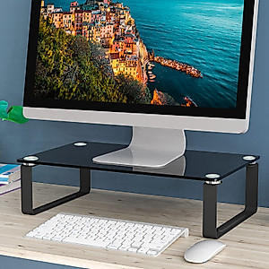 WALI Clear Computer Monitor Stand Riser,Tempered Glass Monitor Riser Heavy Duty 88lbs Monitor Stand for Desk for Laptop, Keyboard, Computer, Printer 5.7 X 9.4 inch (GTT006-B), Black