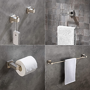 KIBI Cube Bathroom Hardware Set 5 Piece Bathroom Accessories Set | Towel Bar (24"), Towel Ring, Toilet Paper Holder, Robe Hooks (Brushed Nickel) (C-KBA15-5-1)