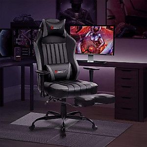KBest Massage Gaming Chair - High Back Racing PC Computer Desk Office Chair Swivel Ergonomic Executive Leather Chair with Adjustable Back Angle, Armrests and Footrest (Gray)