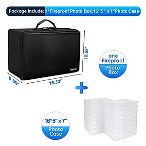 ENGPOW Fireproof Photo Storage Box 5" x 7" Photo Case(Clear),16 Inner Photo Keeper Photo Box Organizer with Lock,Collapsible Portable Photo Storage Container with Handle for Photos,Picture,Valuables