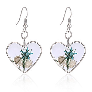 FM FM42 Silver-tone Blue Starfish Seashell Pressed Flower Small Heart Drop Dangle Hook Earrings FE2081
