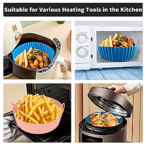 LOMSIOY 2 Pack Air Fryer Silicone Pot Reusable Round Air Fryer Oven Accessories with Handle Silicone Liner Tray Kitchen Accessories 8.4 Inch (Pink Blue)