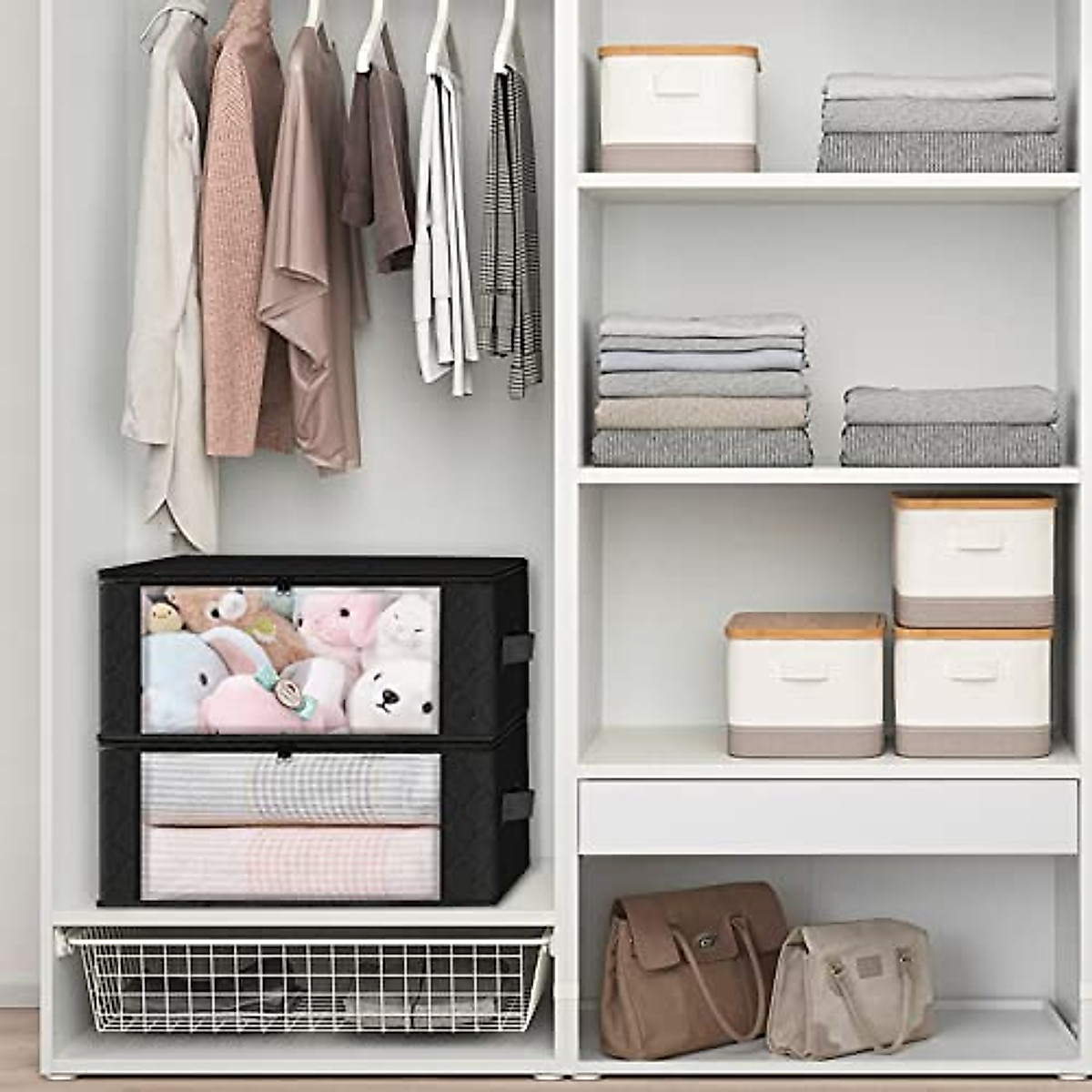 HomeHacks Storage 4-Pack Clothes Organizer Storage Bags Foldable Storage Box with Large Clear Window Sturdy Handles for Closet, Dorm, Pillows, Bedding, Clothes, Stuffed Toys, Blankets, 35L, Black