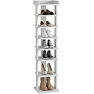 HOMEFORT 7-Tier Wood Shoe Rack, Entryway Shoe Tower,Vertical Shoe Organizer, Wooden Shoe Storage Stand(White)