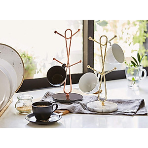 JEmarble Mug Holders with Copper Plated Standing(White) Countertop Mug Tree, Coffee Mugs & Tea Cup Storage Rack, Coffee Counter Bar Accessory & Kitchen Organizer