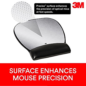 3M Precise Mouse Pad with Gel Wrist Rest, Soothing Gel Comfort with Durable, Easy to Clean Leatherette Cover, Optical Mouse Performance and Battery Saving Design, 9.2" x 8.7", Black (MW310LE)