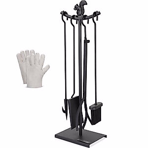MYFIREPLACEDIRECT 5 Pieces Fireplace Tools Sets Strength Wrought Iron Indoor Outdoor Fire Place Toolset Hearth Accessories Kit (Black Squirrel w/Gloves)