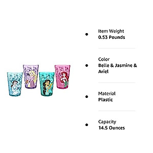 Zak Designs 14.5oz Disney Princess Nesting Tumbler Set Includes Durable Plastic Cups, Fun Drinkware is Perfect for Kids, 4pk ( Belle & Jasmine & Ariel), PYRP-0731