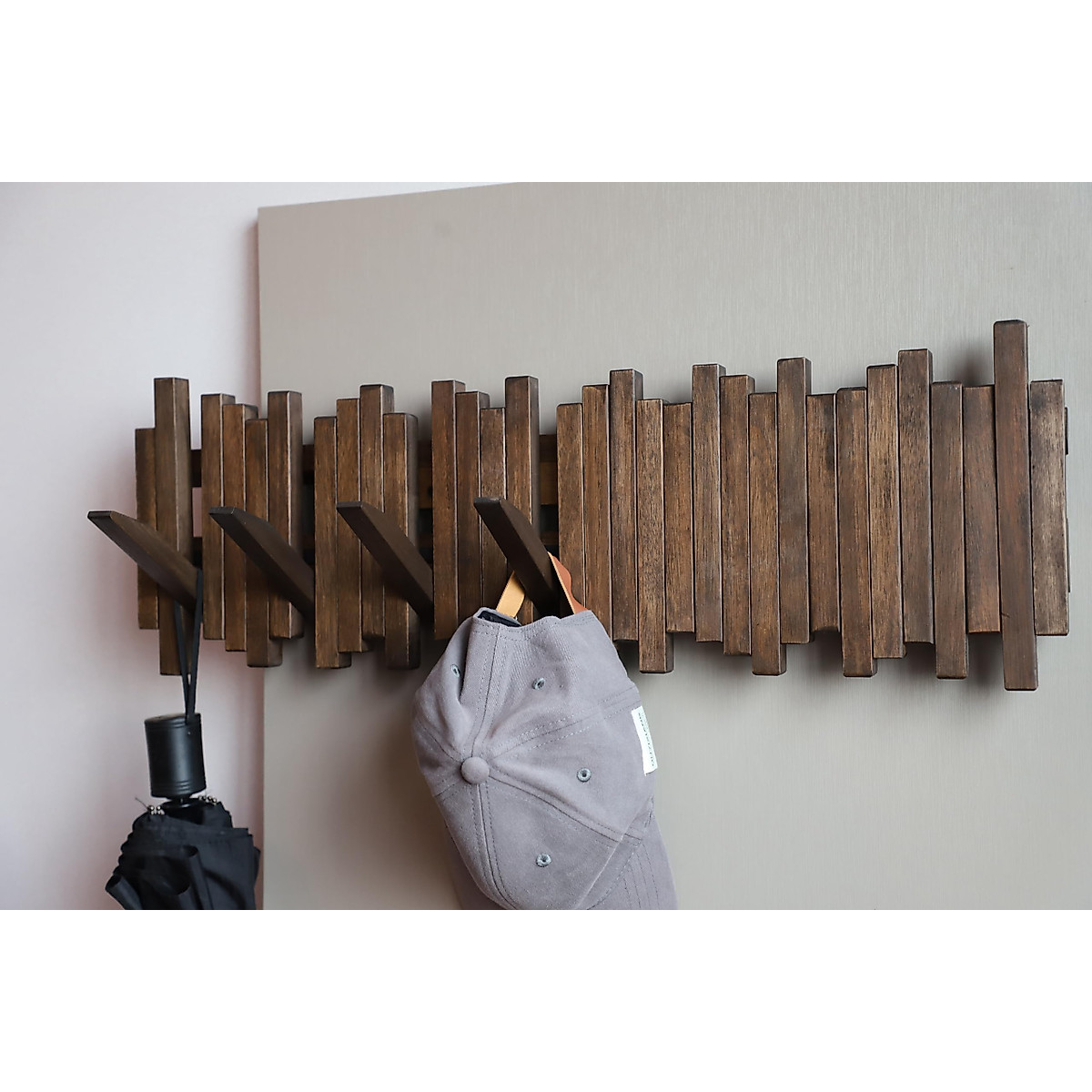 GOGREEBELL Natural Wood Wall Mounted Piano Coat Rack| Coat Rack Wall Mount| Flip Down Wall Hook Rack 7 Hooks| Entryway Wall Art Hook,Made of Acacia Wood (Wood Wax Oil Dyed Walnut Color).Wall Art