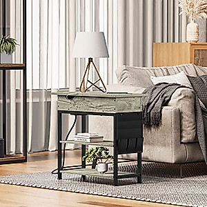 SJIE End Table with Charging Station, Narrow Flip Top Side Table with USB Ports and Outlets,Nightstand for Living Room,Bedroom and Small Spaces,Grey