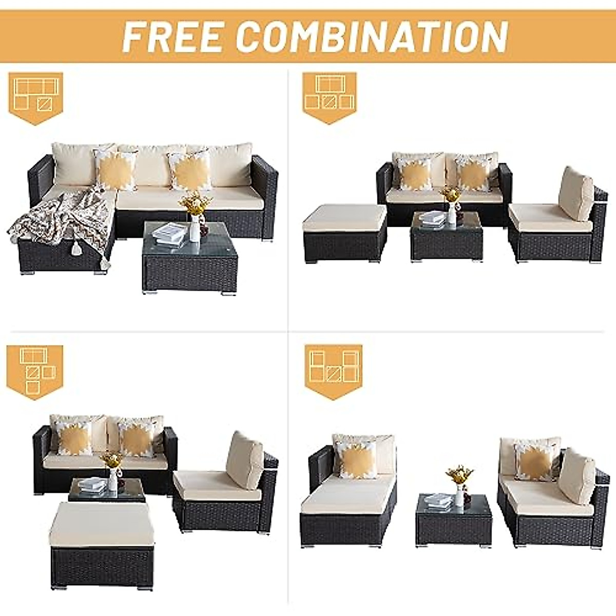 PAOLFOX 5 Piece Patio Furniture Sets,Patio Conversation Sets,Wicker Patio Furniture,Rattan Outdoor Furniture,Patio Sofa,Deck Furniture Brown/Beige