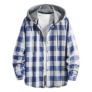 JMIERR Mens Flannel Hoodie Plaid Shirt Jackets Casual Button Down Long Sleeve Lightweight Shirts,US 46 (XL),0Sky Blue
