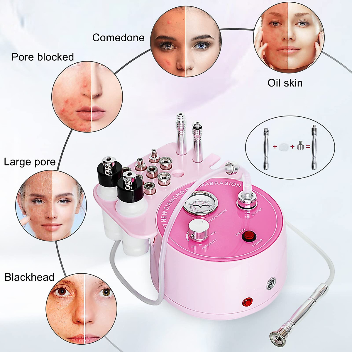 AIMENGXI Diamond Microdermabrasion Machine Professional Plus, 3 in 1 Pink Diamond Dermabrasion Facial Beauty Equipment Skin Care for Vacuum Blackhead Removal & Spray, Suction Power 0-70 cmHg