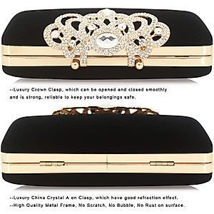 Dexmay Velvet Clutch with Rhinestone Crystal Crown Clasp Evening Bag for Formal Party Black Medium