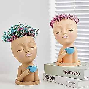 Face Planters Pots Head Planters for Outdoor Plants, Funny Cute Resin Coffee Girl Face Succulent Pots Planter Cactus Planter with Drainage Hole Closed Eyes for Indoor&Outdoor Planter (Style#477A1)