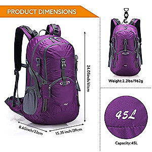G4Free 45L Hiking Travel Backpack Waterproof with Rain Cover, Outdoor Camping Daypack for Men Women(Purple Red)